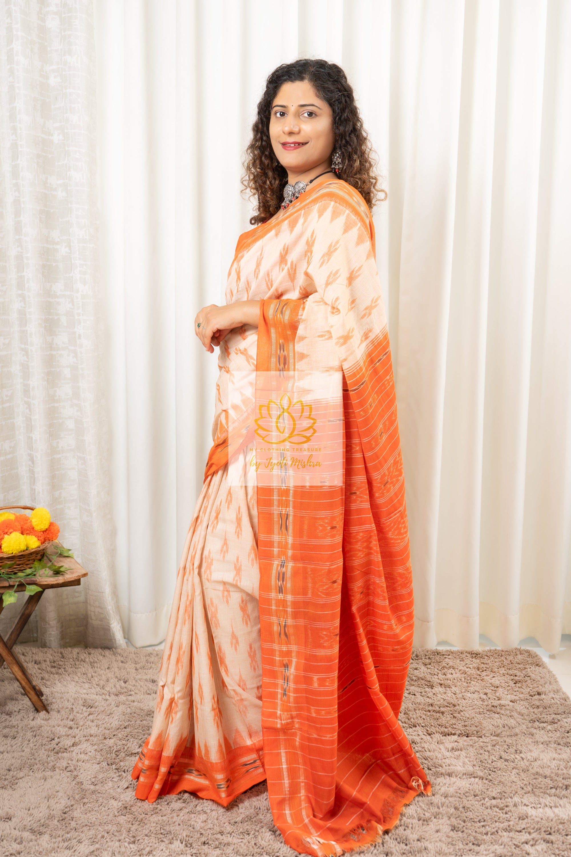 Odisha Ikkat Khandua Cotton Saree- Beige-Orange – My Clothing Treasure